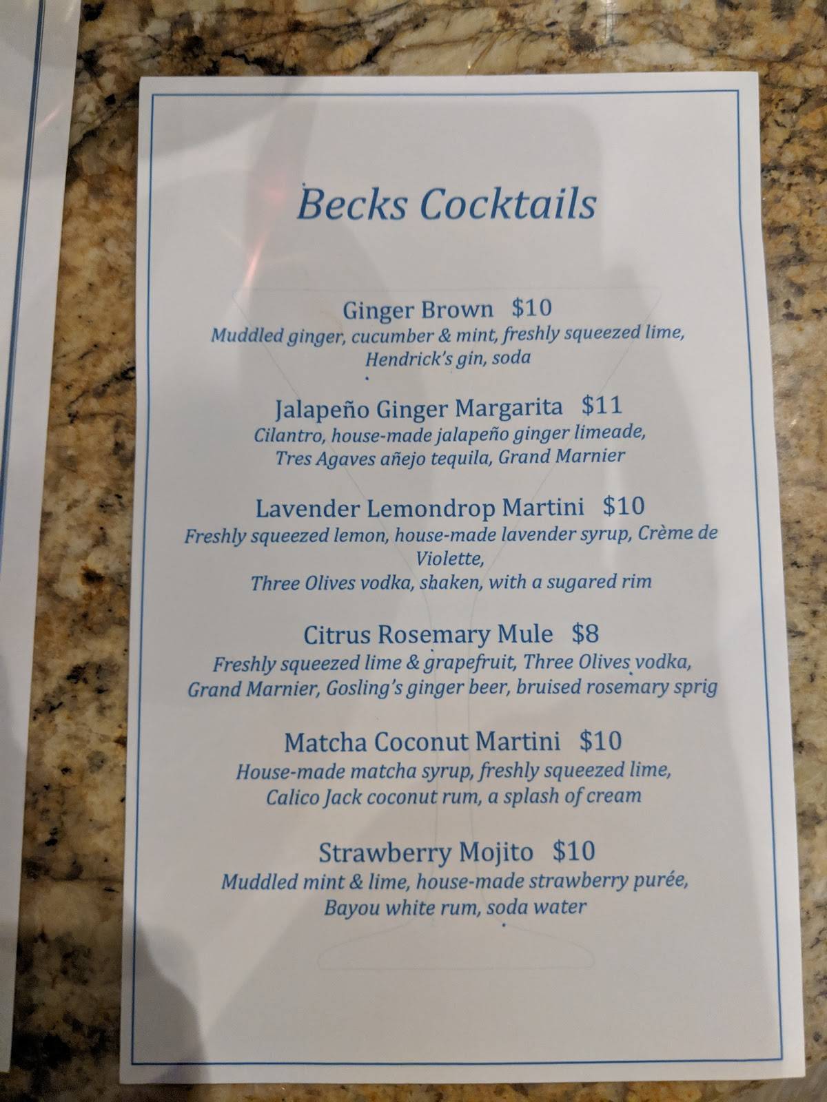 Menu at Beck's pub & bar, Augusta
