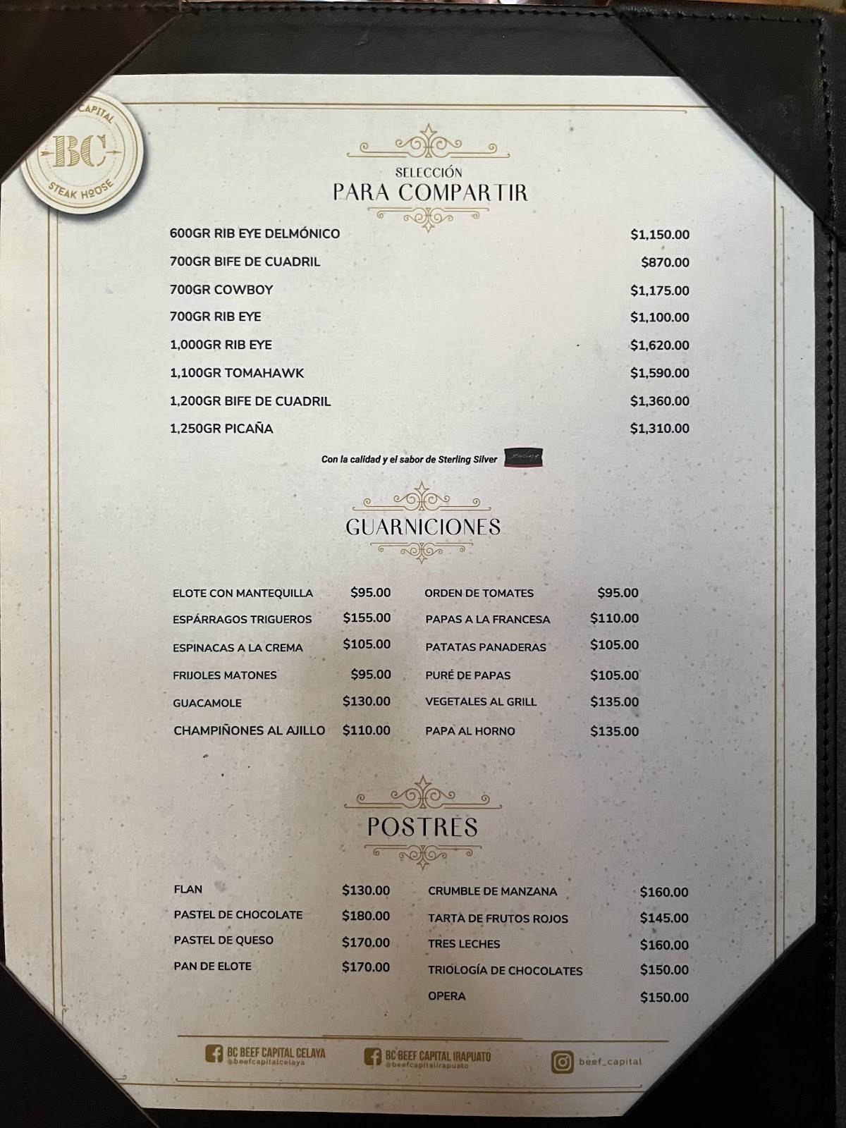 Carta de parrilla Beef Capital, Celaya