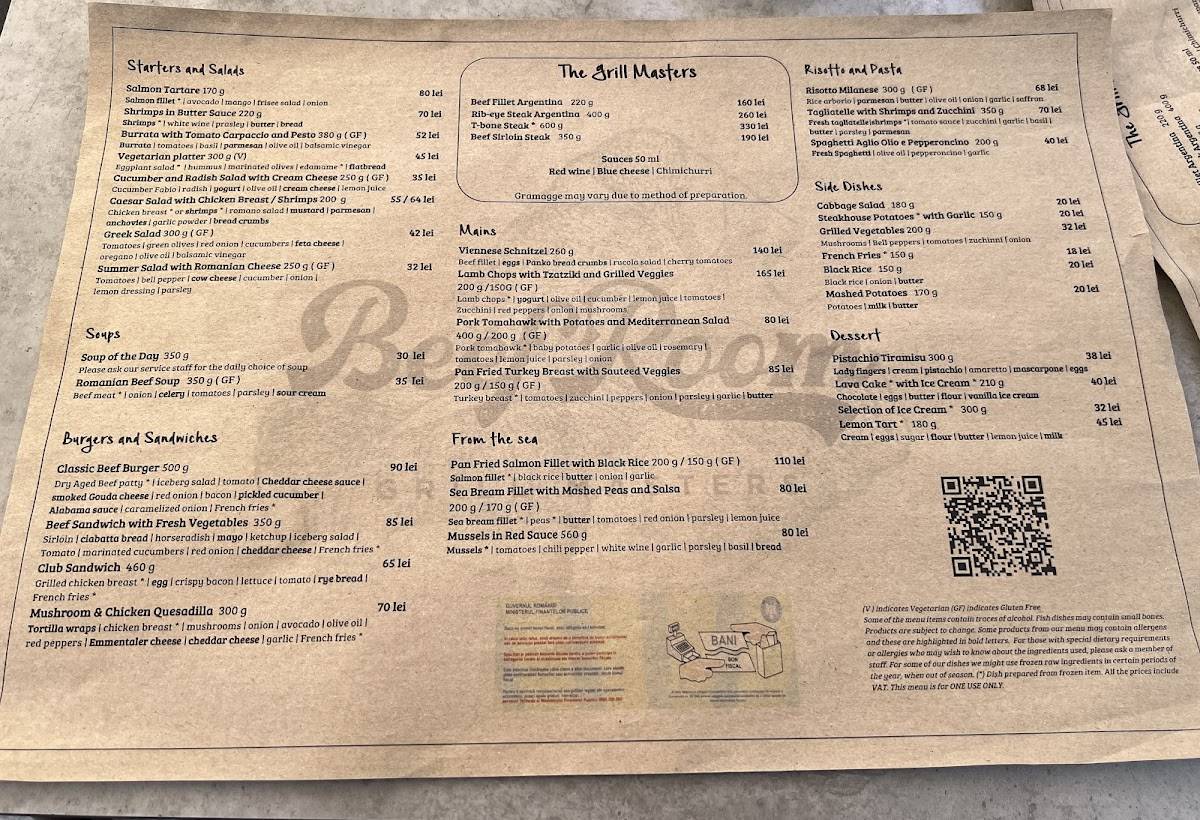 Menu at Beef Room, Bucharest