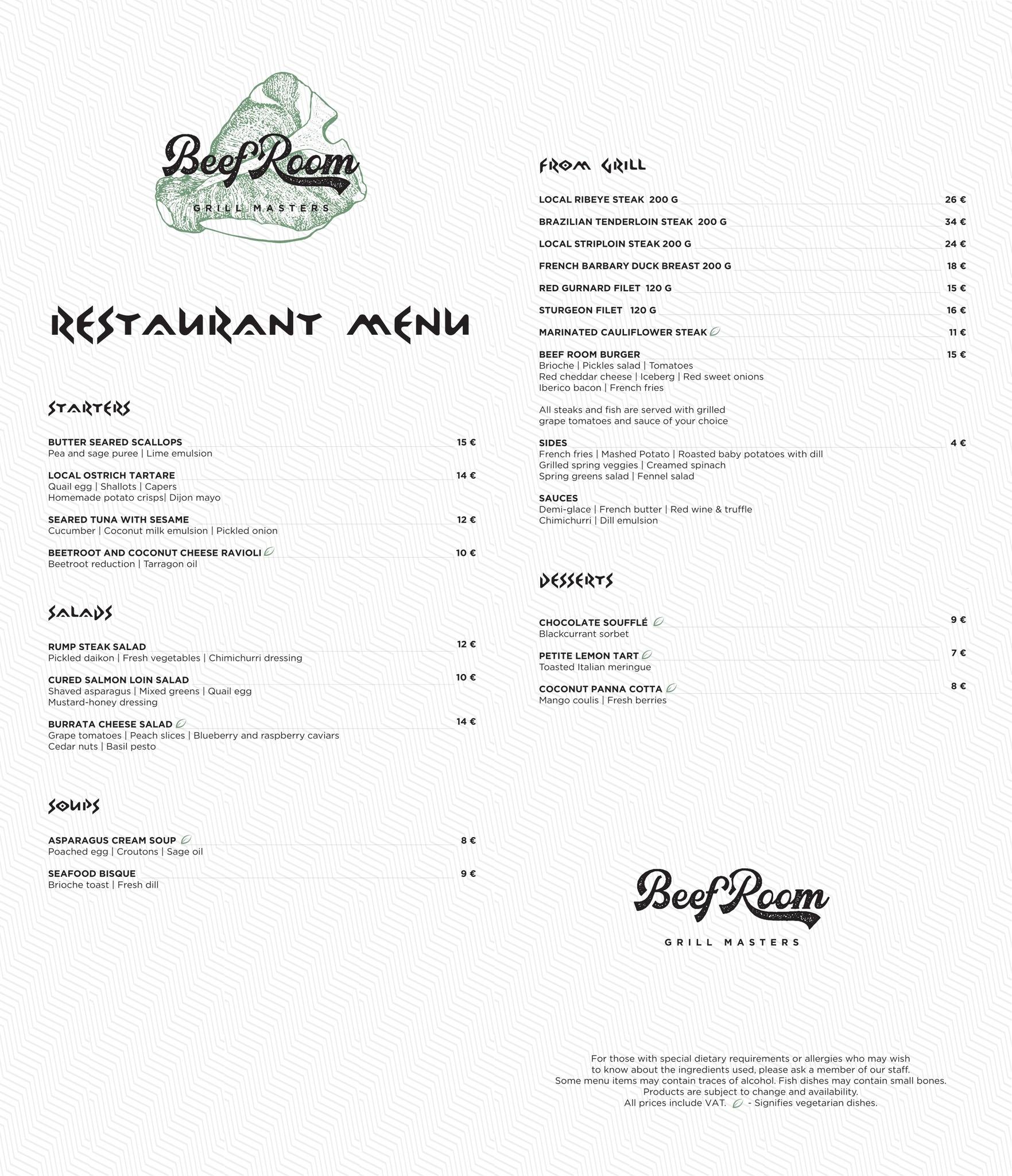 Menu at Beef Room restaurant, Vilnius