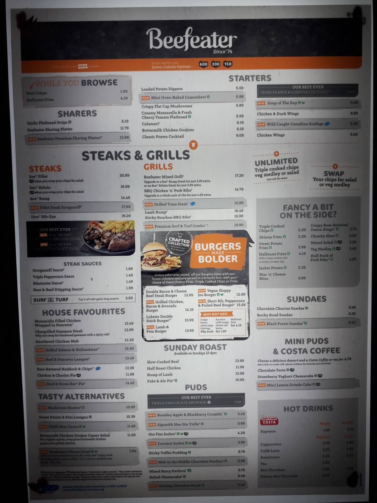 Menu at Beefeater Granary pub & bar, Peterborough