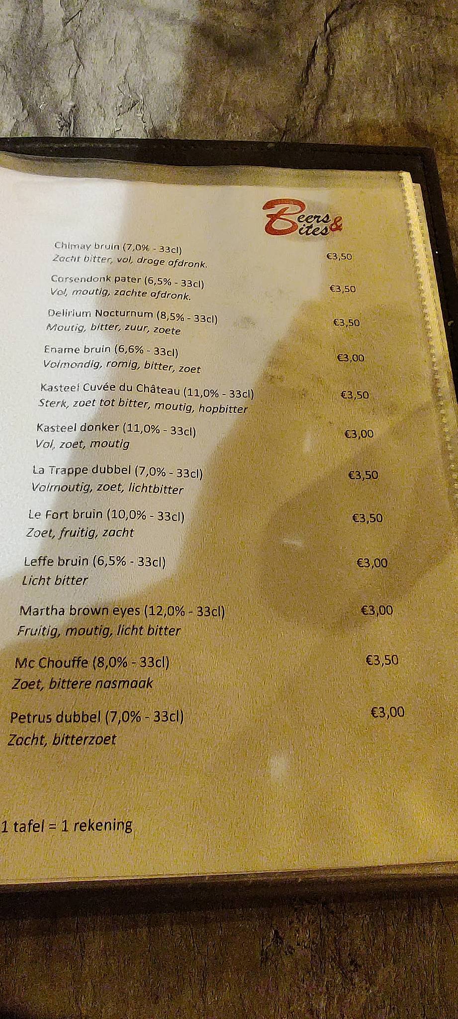 Menu at Beers & Bites, Kortrijk