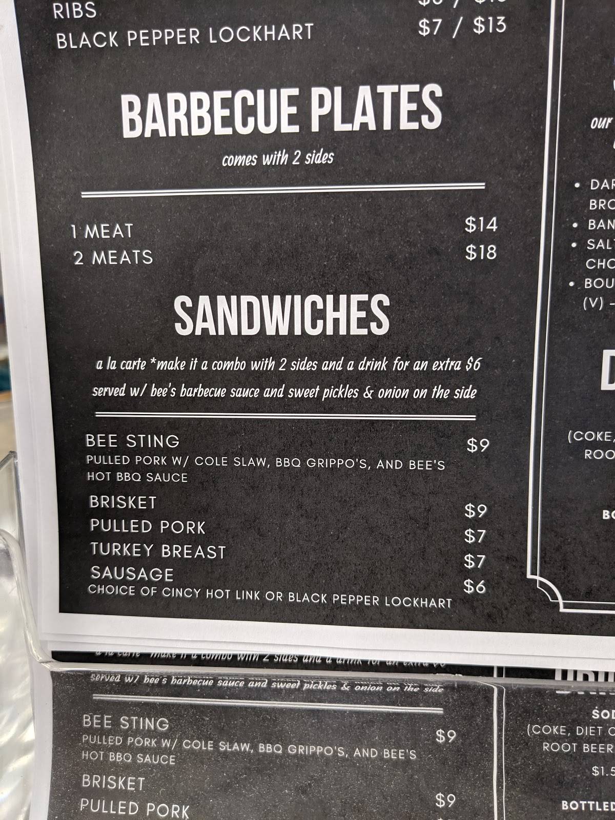 Menu at Bee's Barbecue, Cincinnati