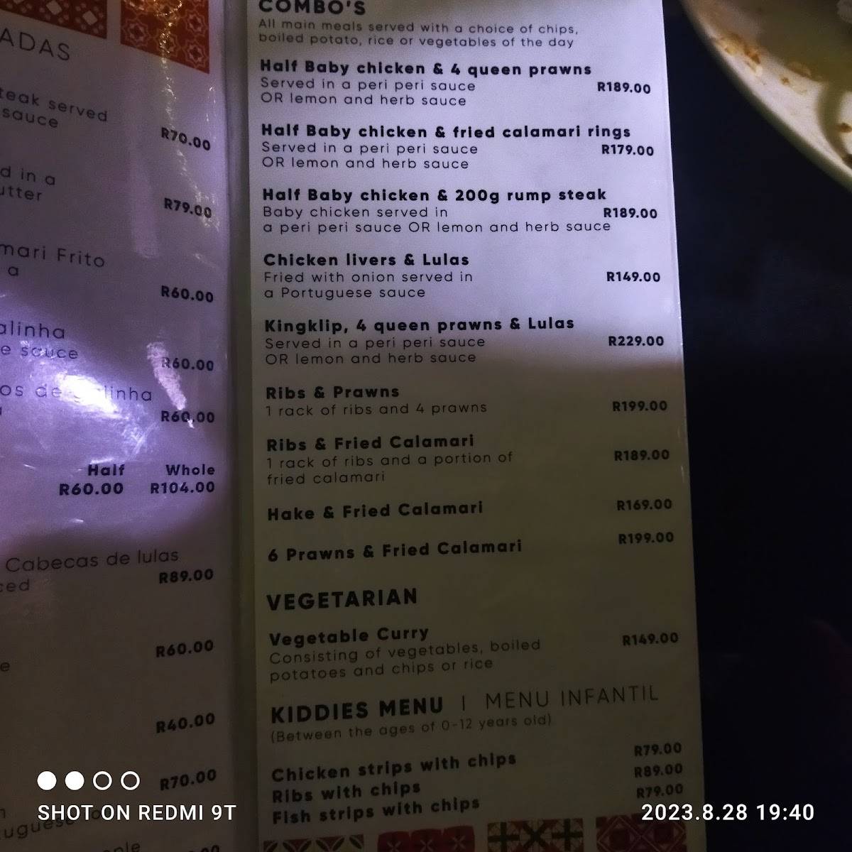 Menu at Beira Mar Portuguese Restaurant, Cape Town