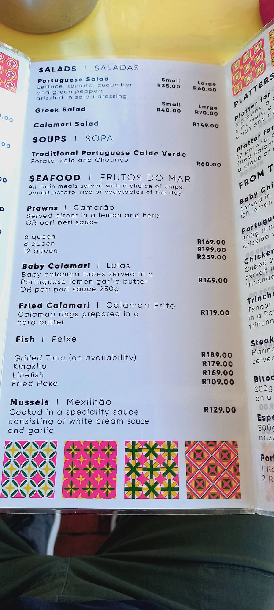 Menu at Beira Mar Portuguese Restaurant, Cape Town