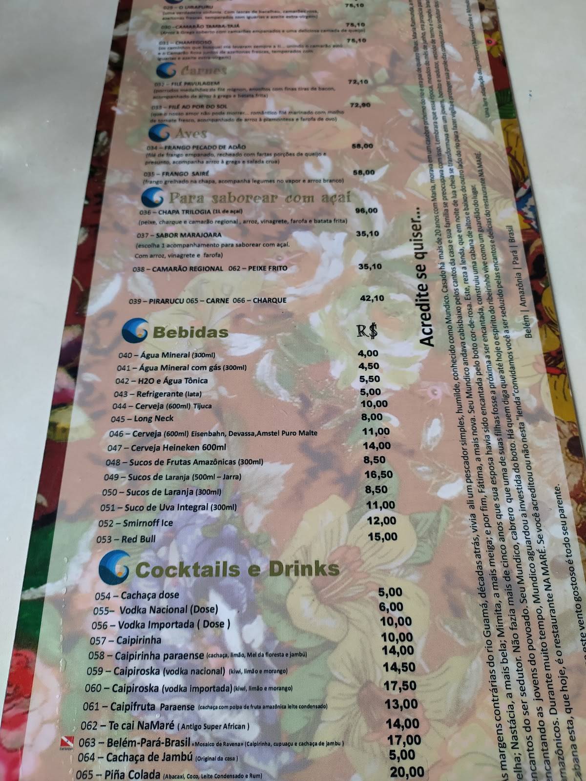 Menu at Na Maré restaurant, Belém