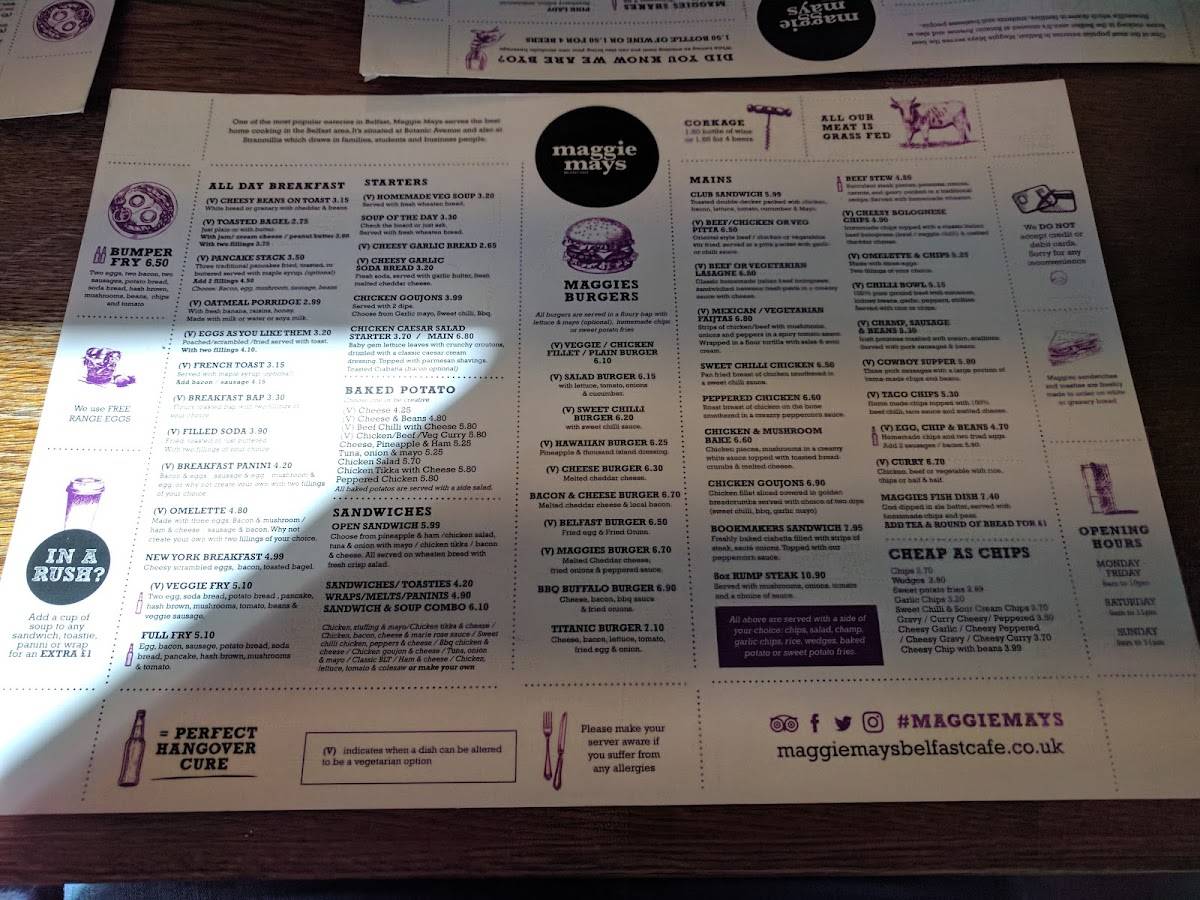 Menu at Maggie Mays Belfast Cafe, Belfast, 2 Malone Rd