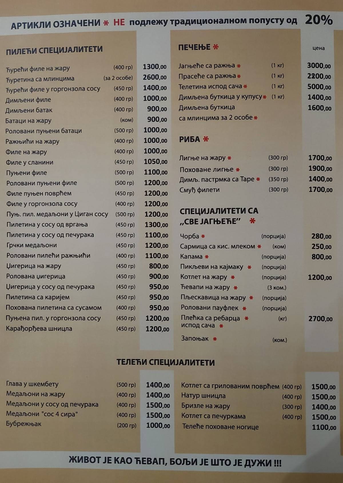 Menu at Restoran ČAČANIN restaurant, Belgrade