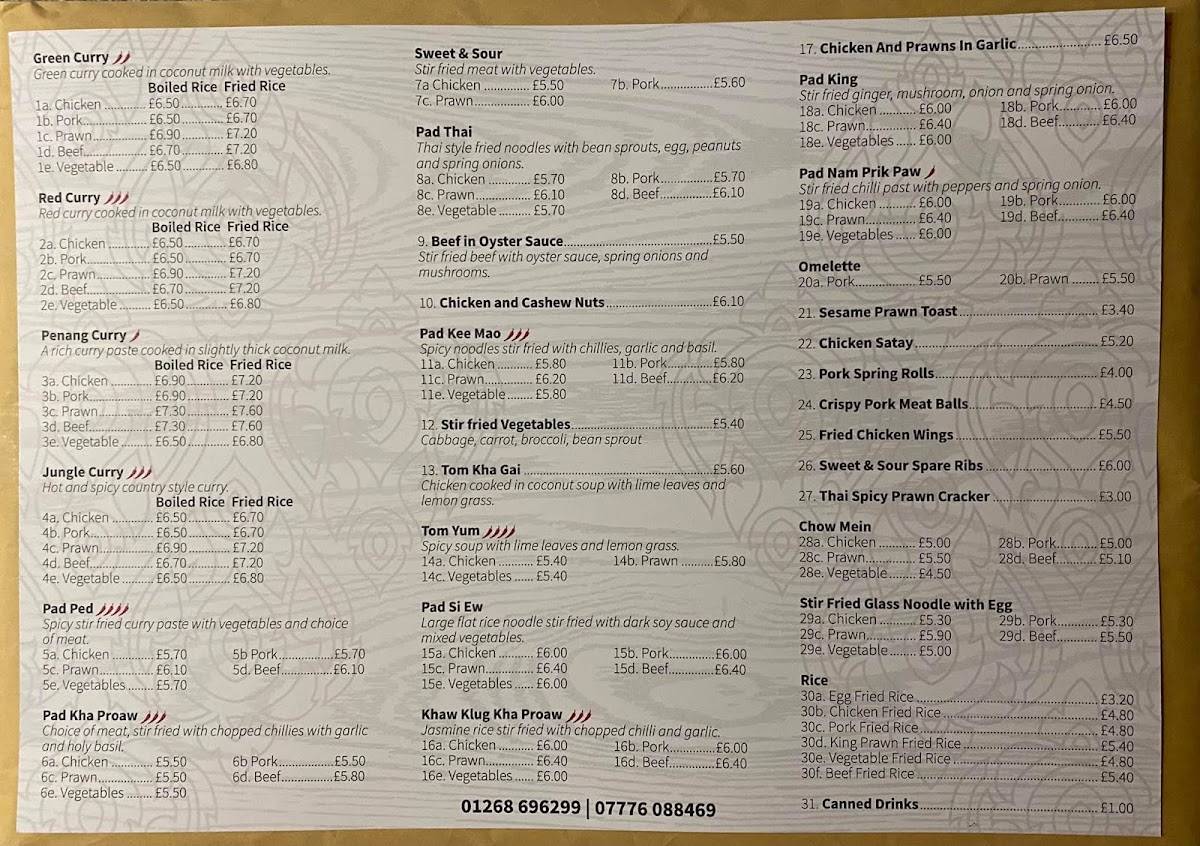 Menu at Bella Thai Takeaway restaurant, Canvey Island