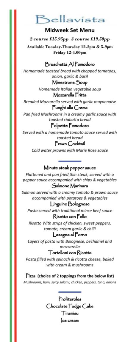 Menu at Bellavista Restaurant, Rochdale, Wildhouse Ln
