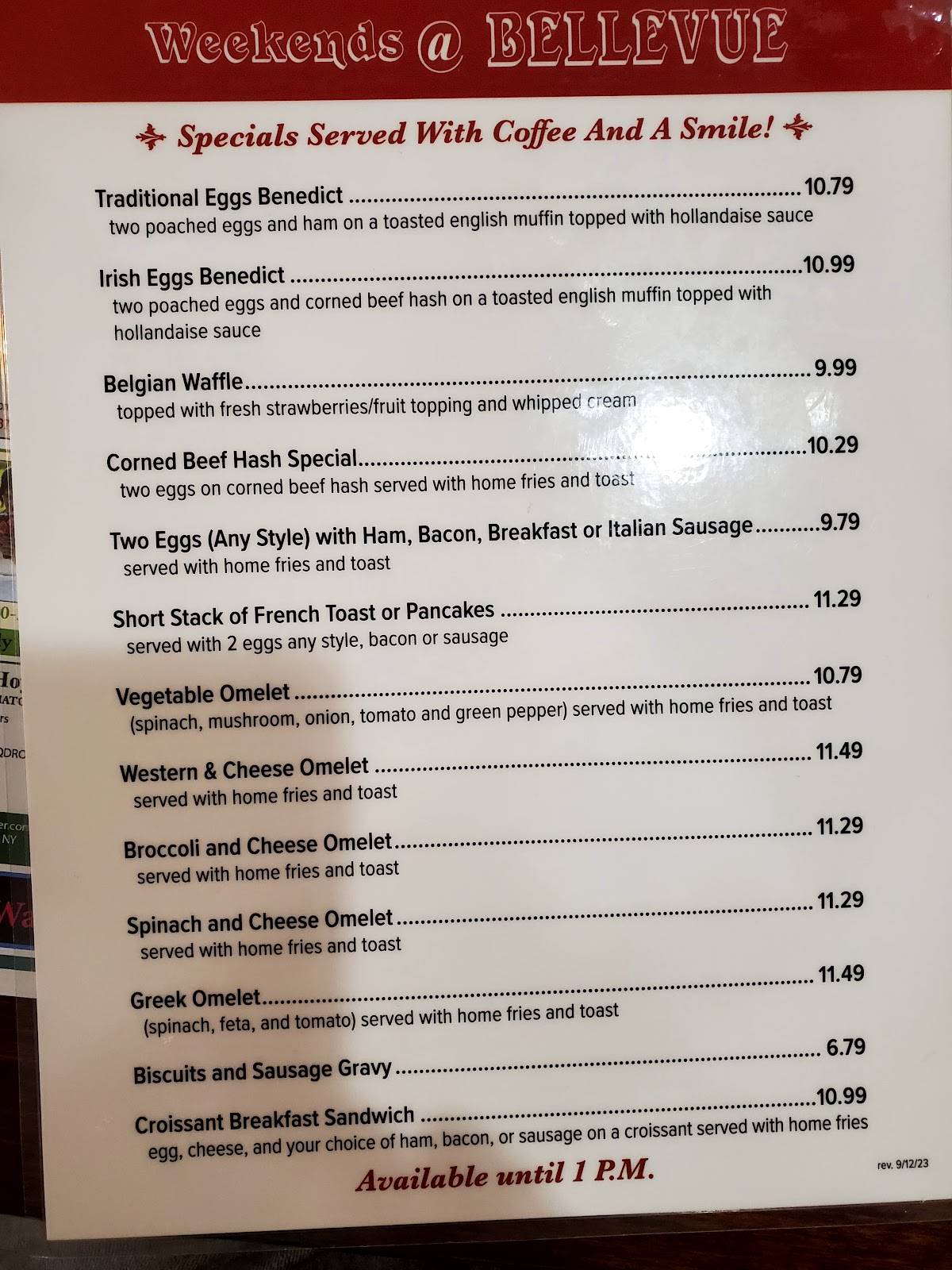 Menu at Bellevue Cafe, Schenectady, Broadway