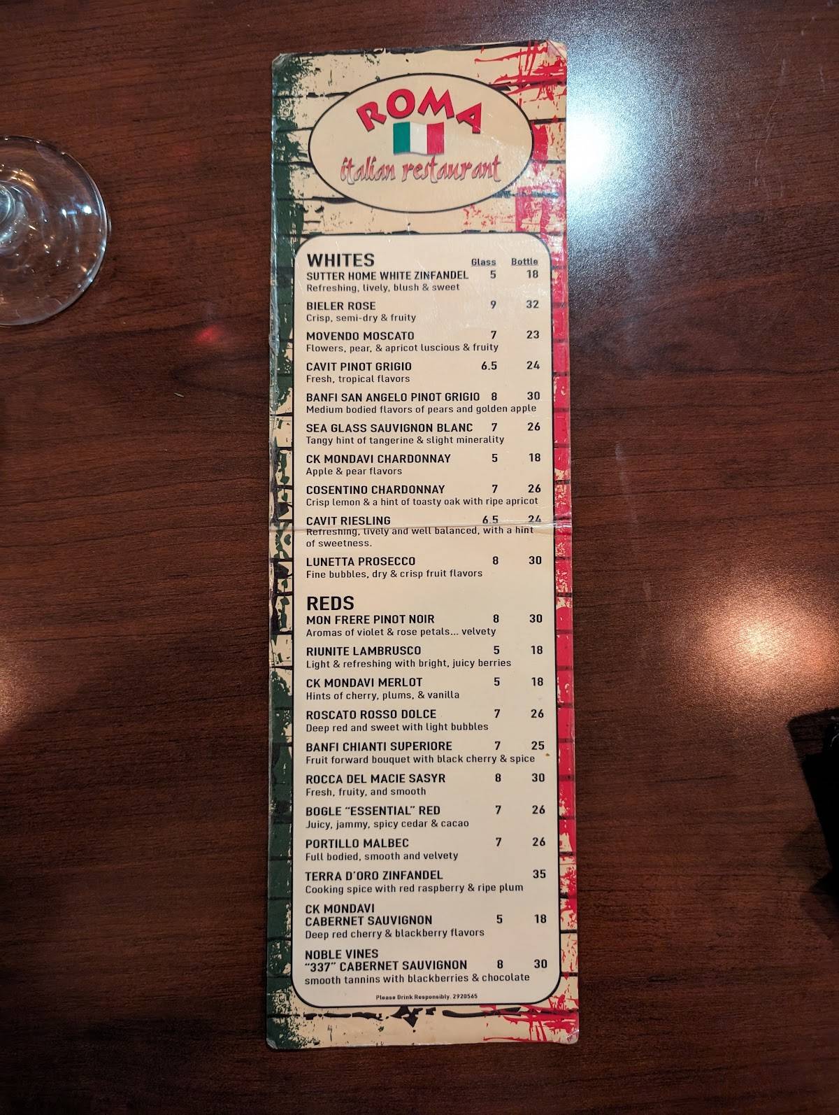 Menu at Roma restaurant, Bellevue