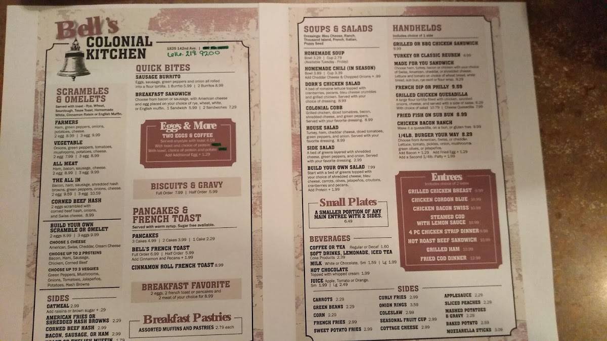 Menu at Bell's Colonial Kitchen restaurant, Dorr