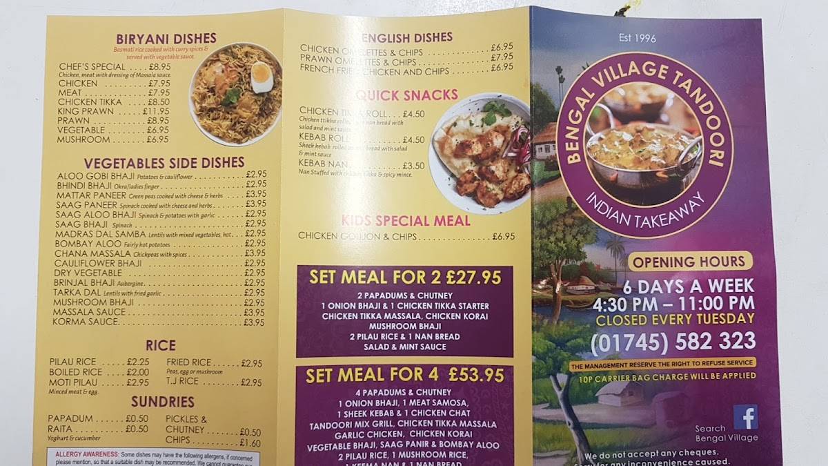 Menu at Bengal Village fast food, Saint Asaph