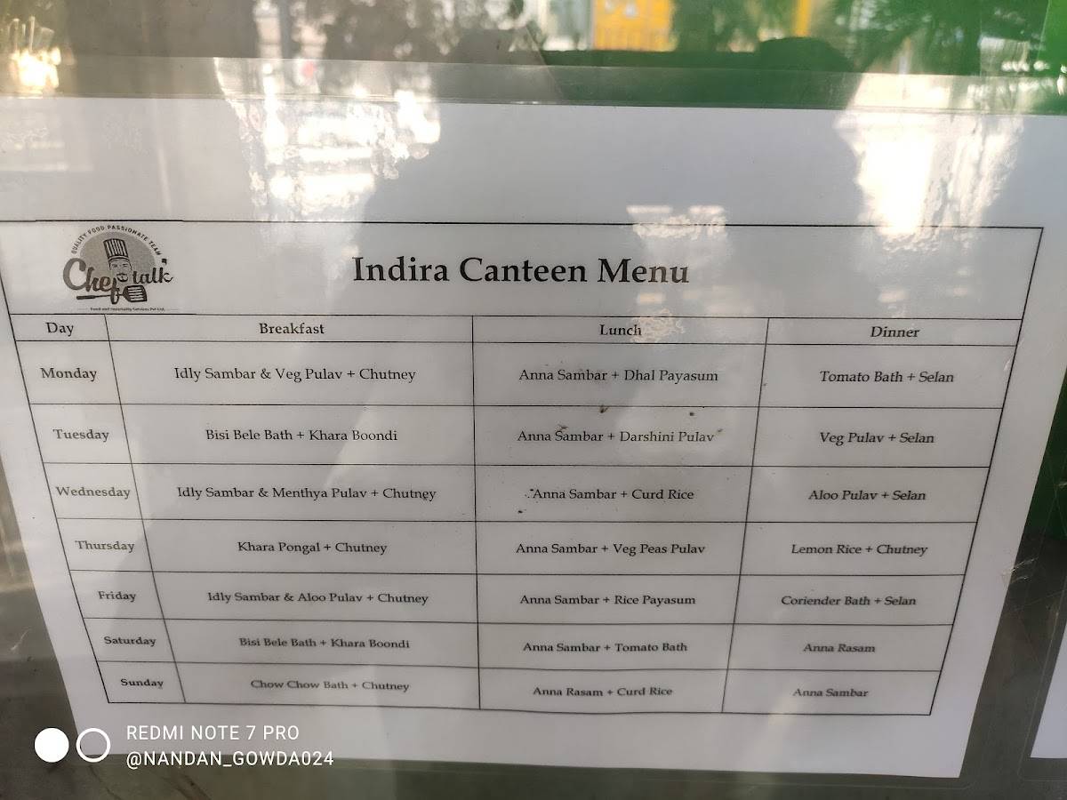 Menu at Indira Canteen, Bengaluru, 80 Feet Road