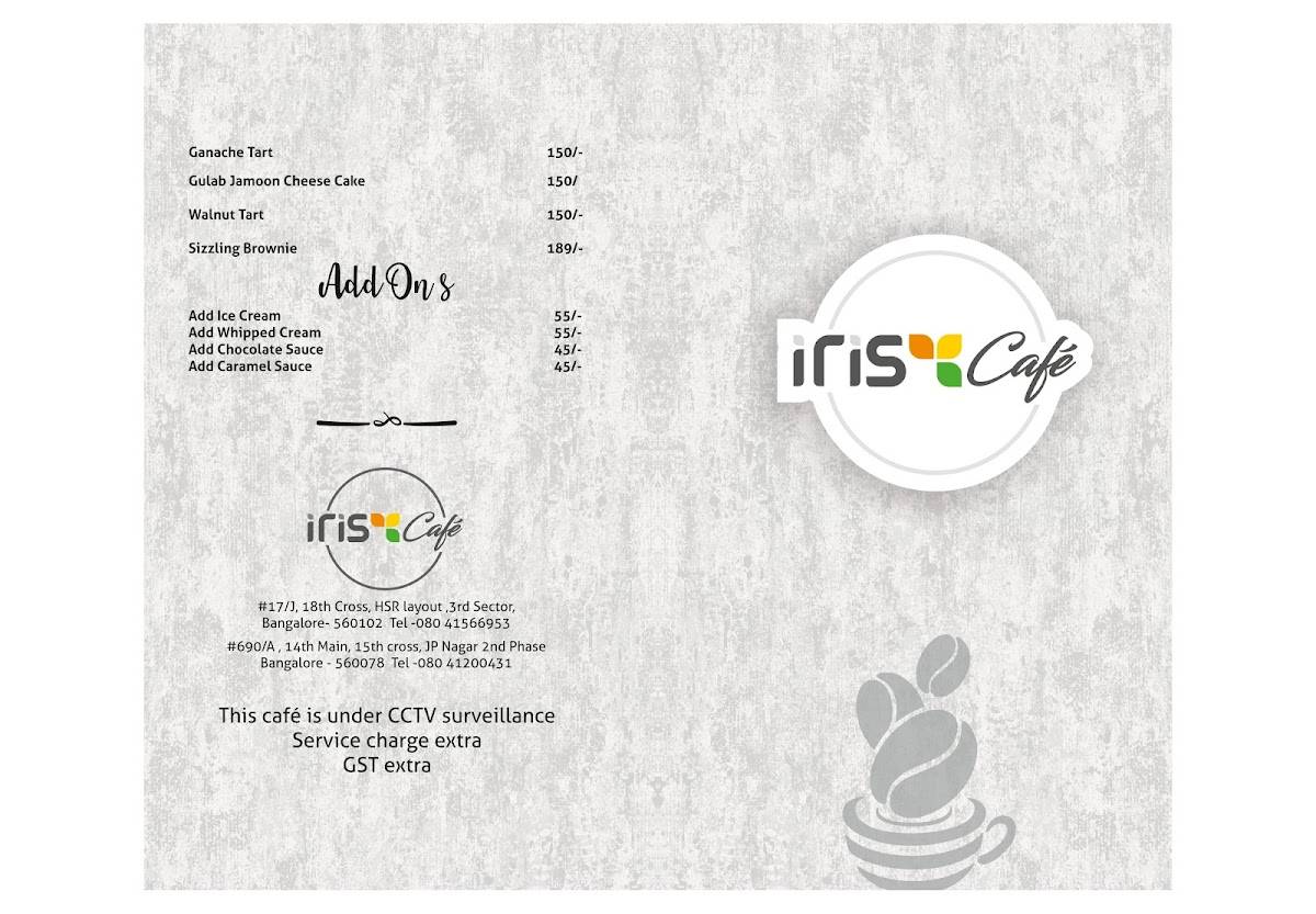 Menu at Iris Cafe HSR, Bengaluru, 17/J