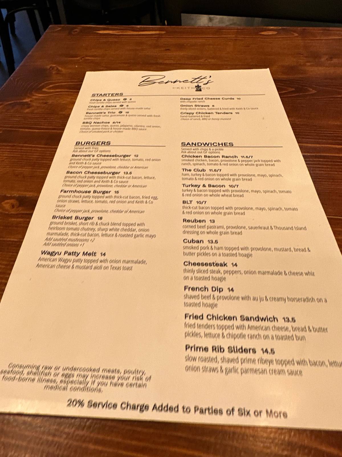 Menu at Bennett’s Casual Dining restaurant, Sherwood