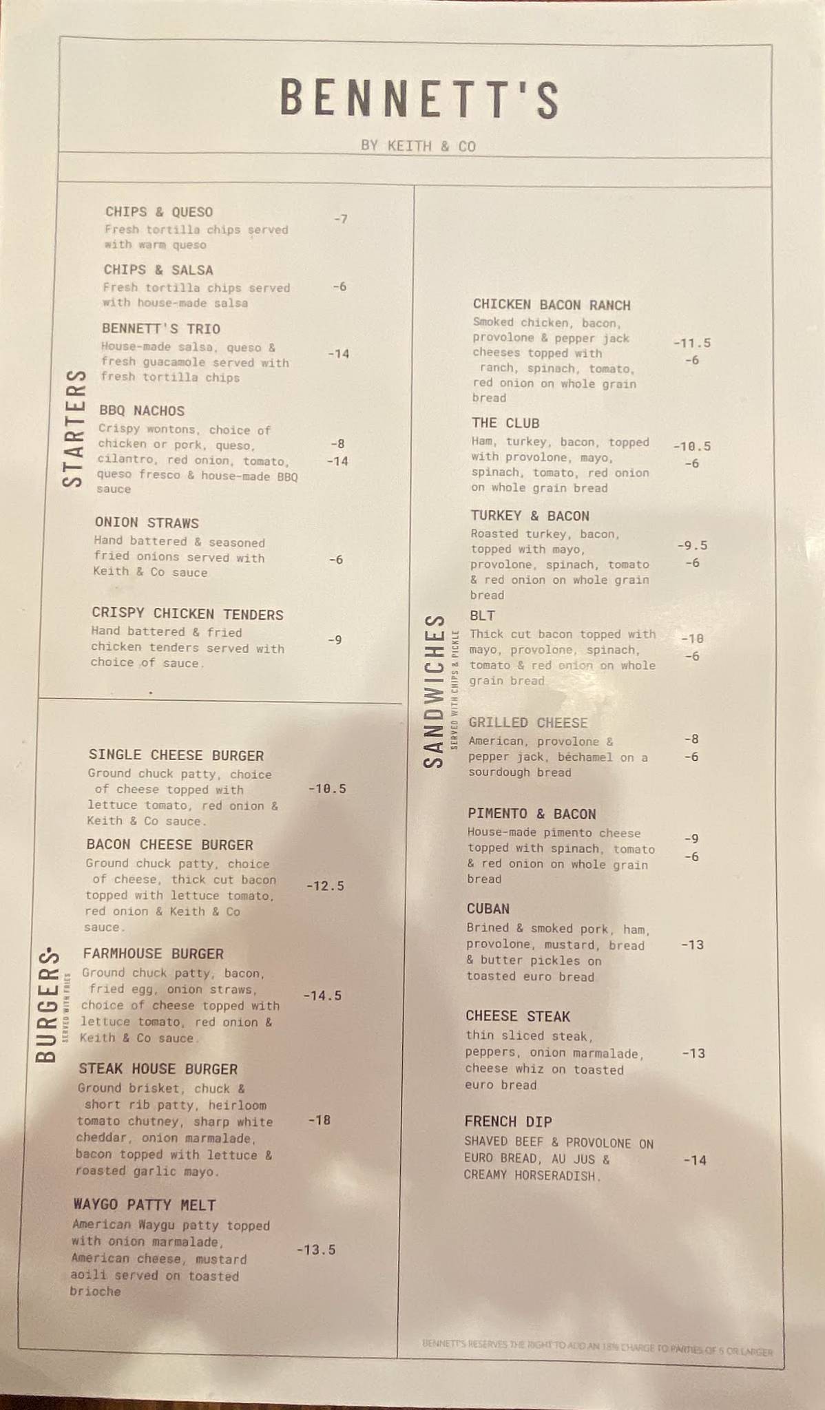 Menu at Bennett’s Casual Dining restaurant, Sherwood