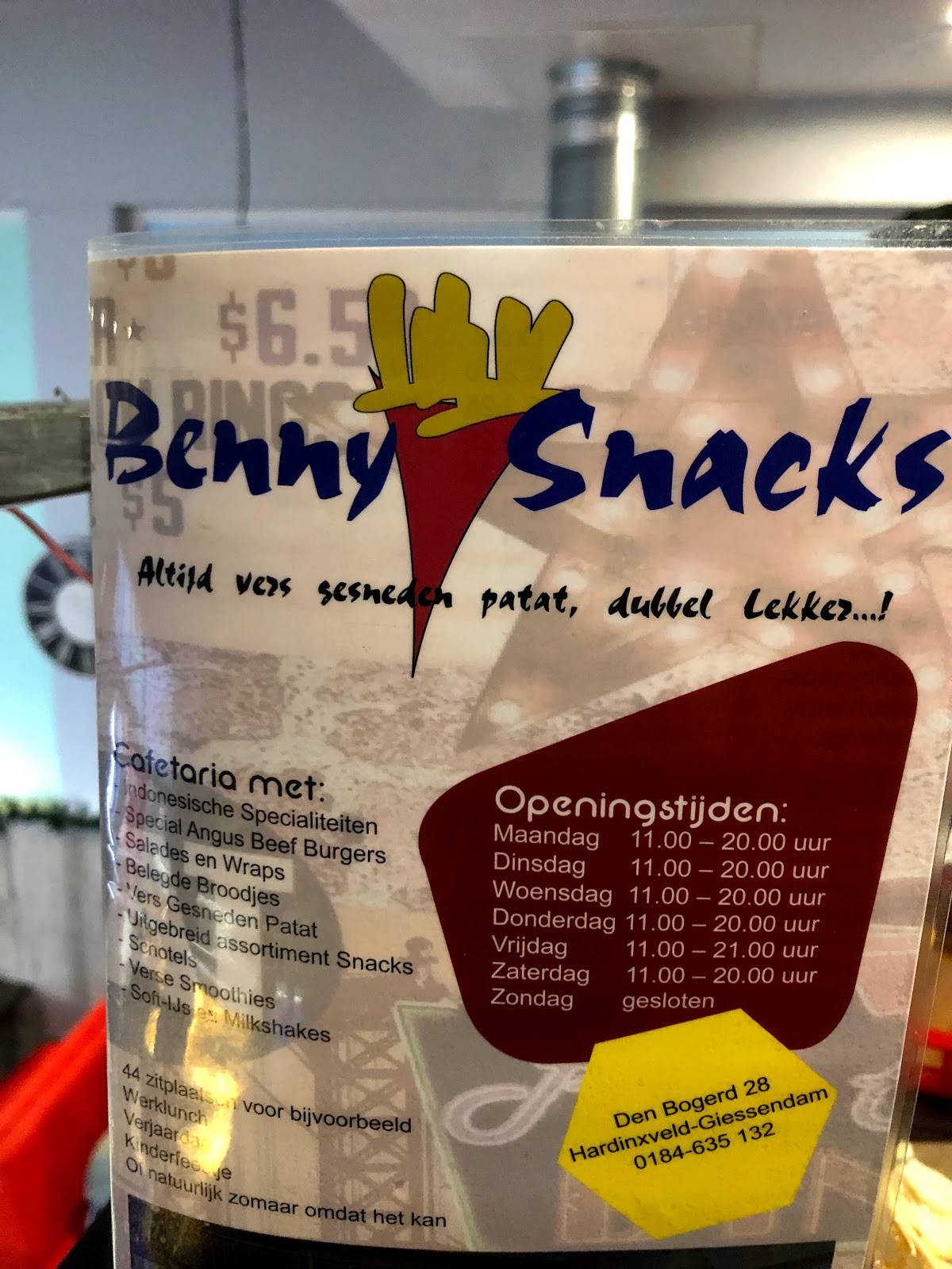 Menu at Benny Snacks, Hardinxveld-Giessendam, Den Bogerd 26