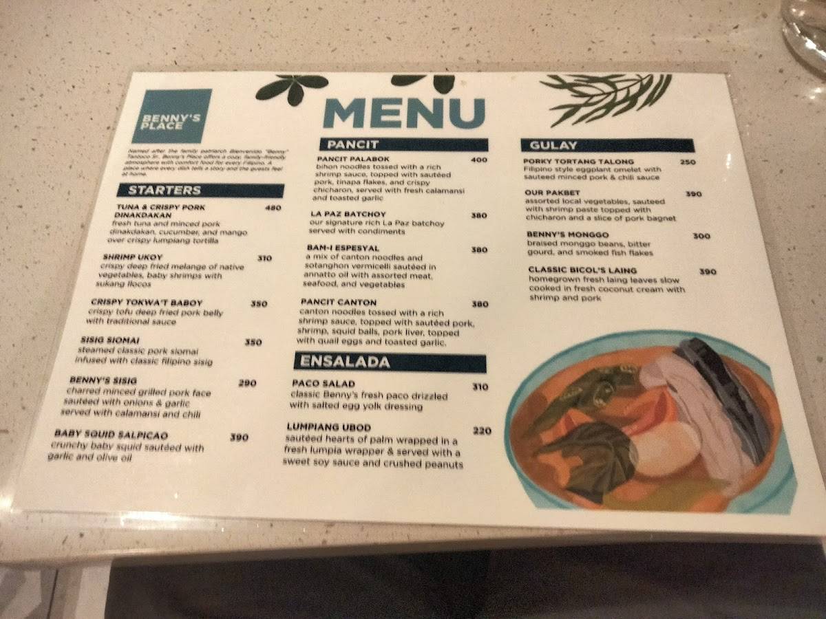 Menu at Benny's Place restaurant, Makati, GF