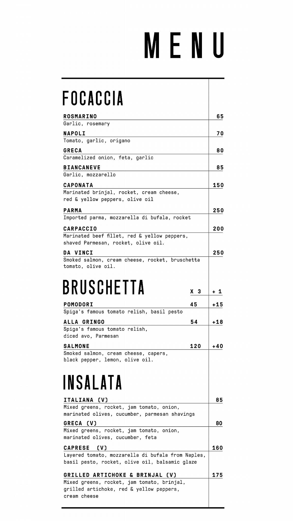 Menu at Spiga restaurant, Durban, 465 Innes Rd