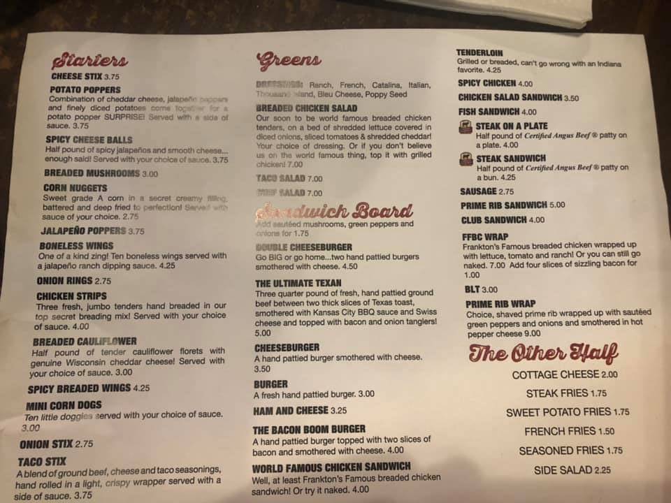 Menu at Bernie's Bar, Frankton