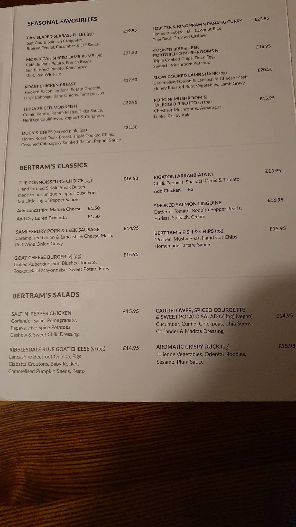 Menu at Bertram's Restaurant, Burnley, Crow Wood