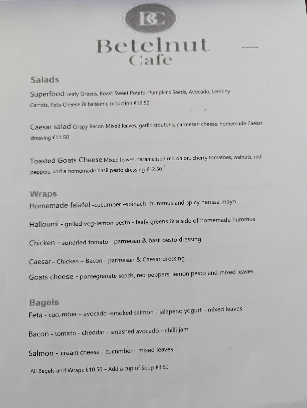 Menu at Betelnut Cafe, Dublin, The Civic theatre