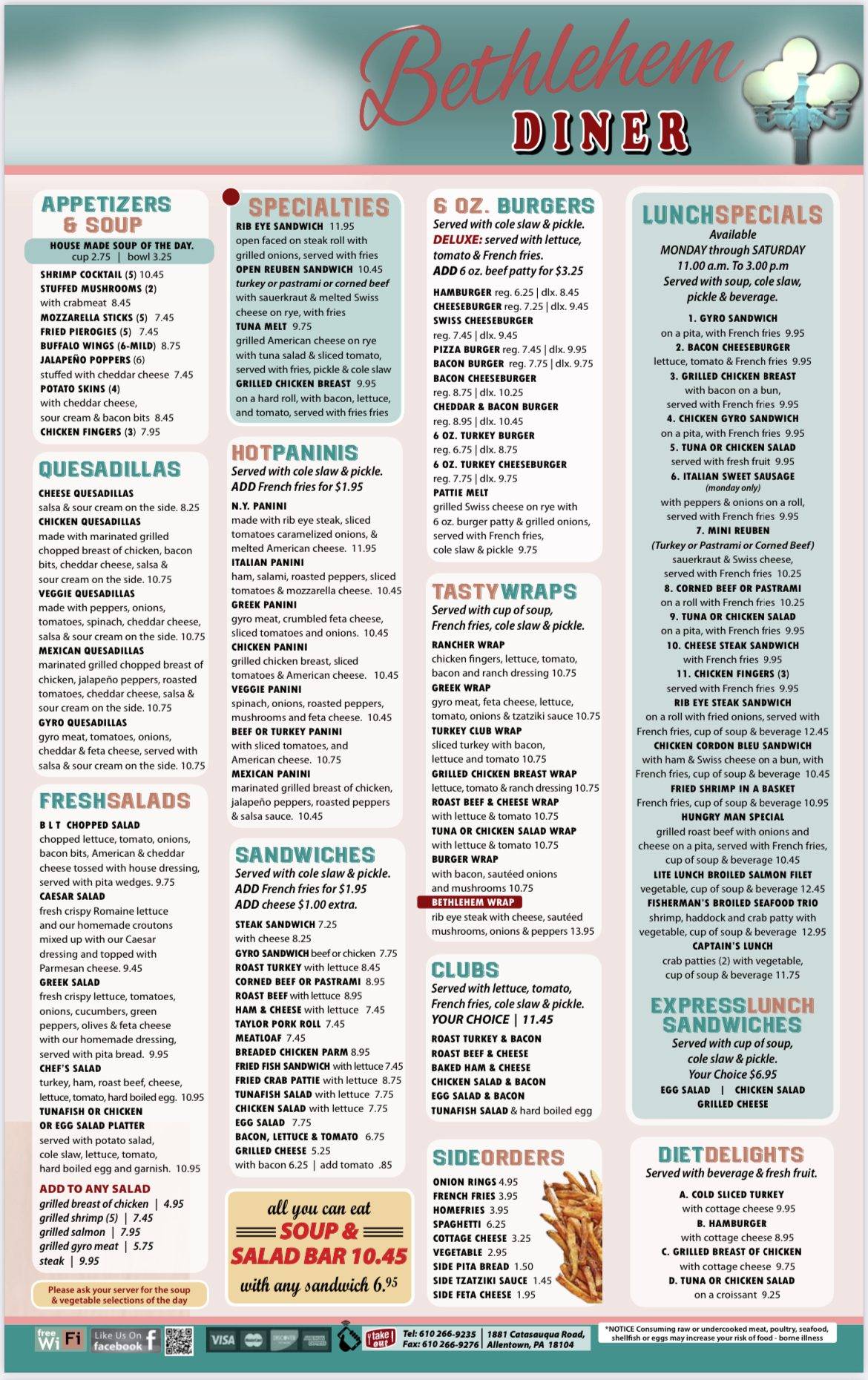 Menu at Bethlehem Diner restaurant, Allentown