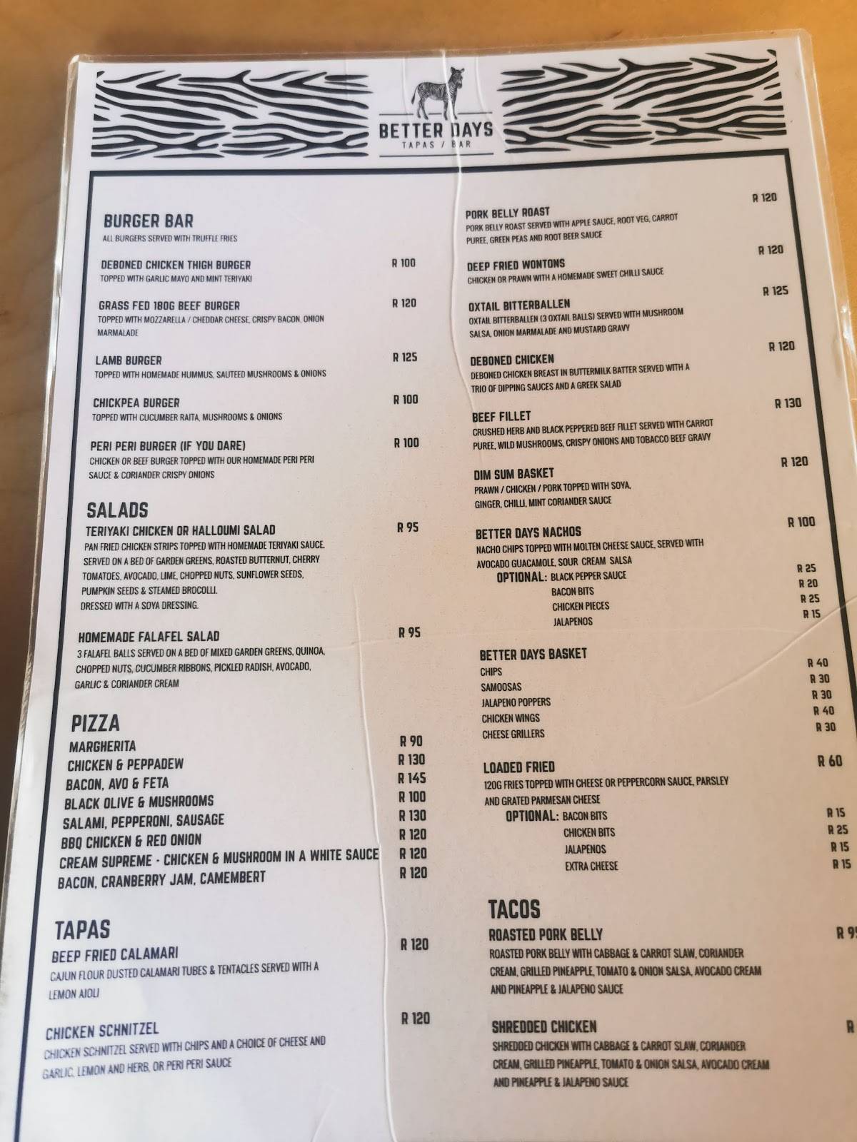 Menu at Better days restaurant, South Africa