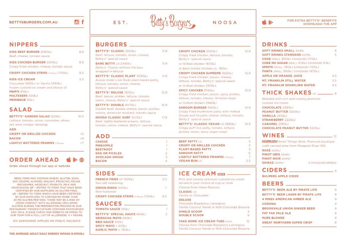 Menu at Betty's Burgers restaurant, Fortitude Valley, Tenancy 5