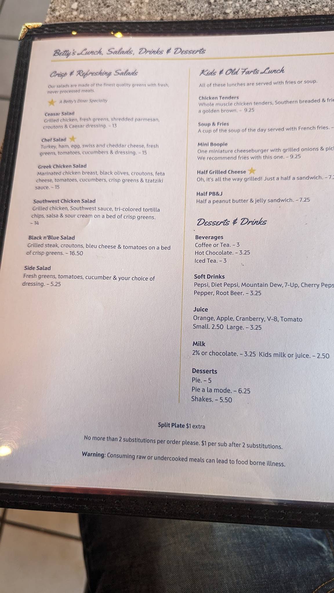 Menu at Betty's Diner cafe, Polson