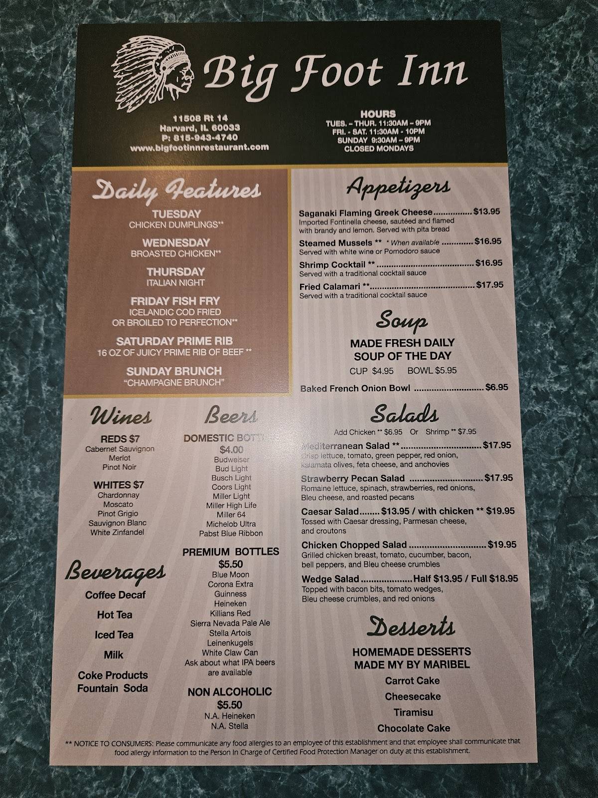 Menu at Big Foot Inn Restaurant, Harvard