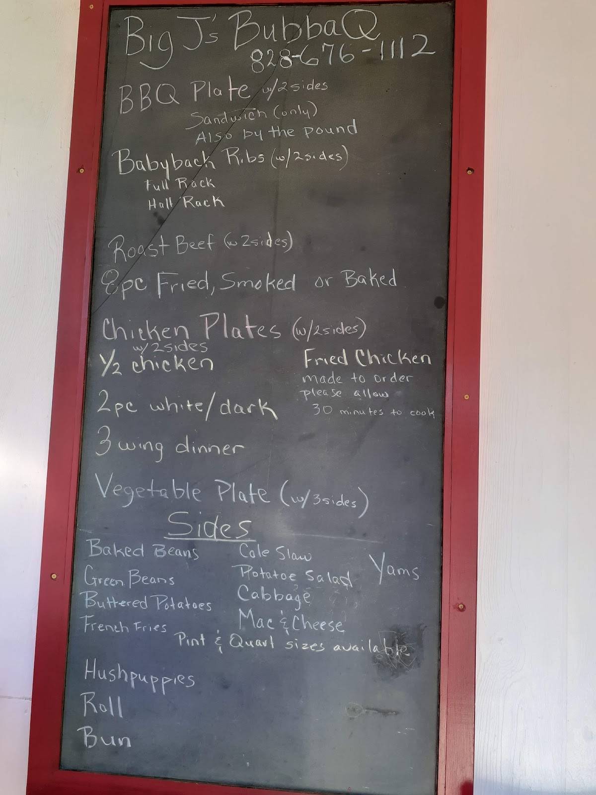 Menu at Big J's Bubba-Q restaurant, Arden
