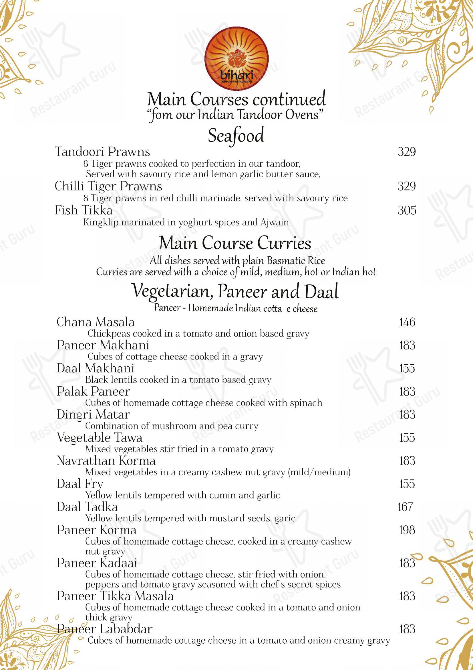 Menu at Bihari restaurant, Cape Town