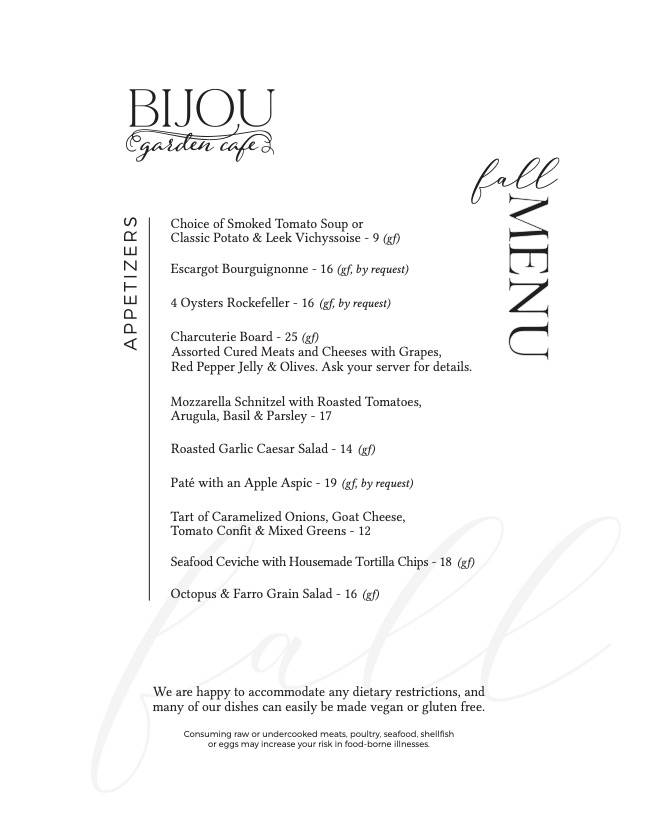 Menu at Bijou Garden Cafe, Sarasota