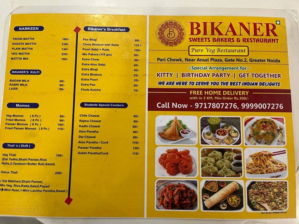 Menu at Bikaner Sweets Bakers & Restaurant, Greater Noida, Adjacent ...