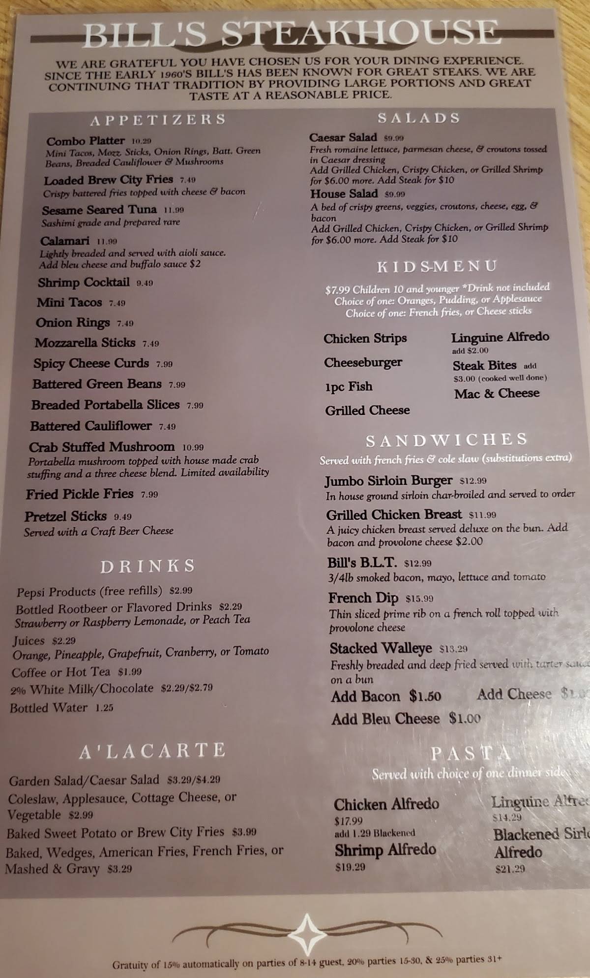 Menu at Bill's Steak House steakhouse, Bronson