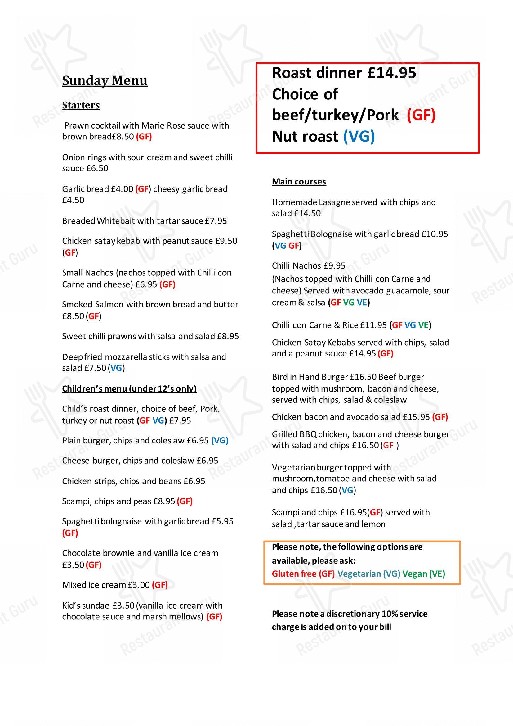 Menu at Bird In Hand pub & bar, Sandhurst