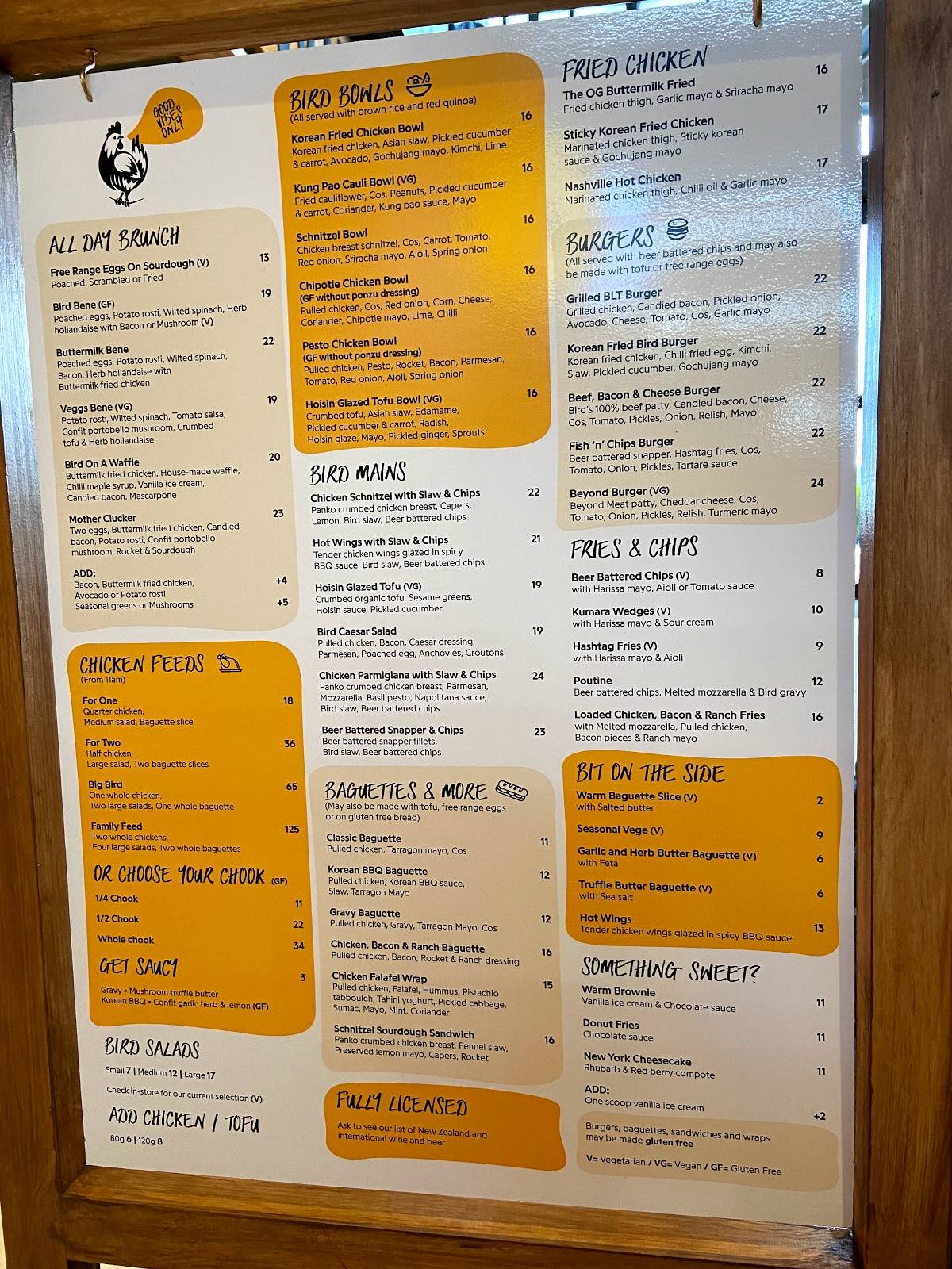 Menu at Bird on a Wire Ormiston restaurant, Auckland, Ormiston Town Centre