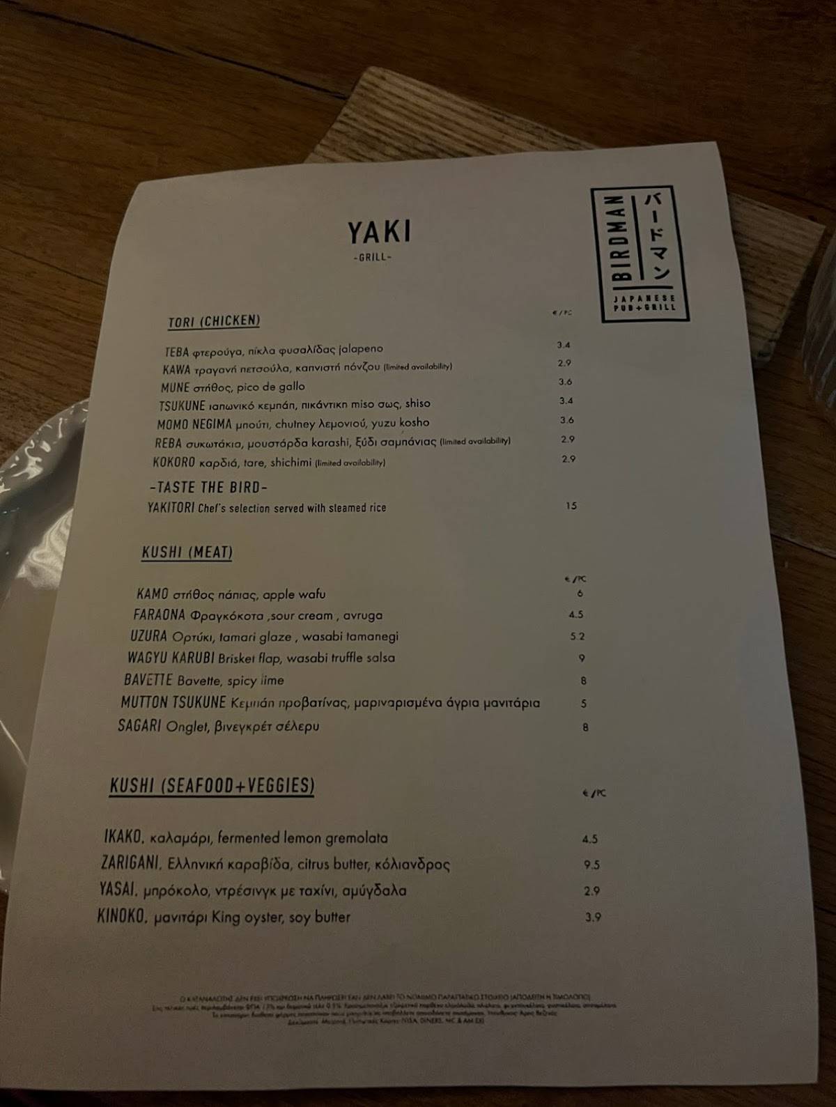 Menu at Birdman, Athens