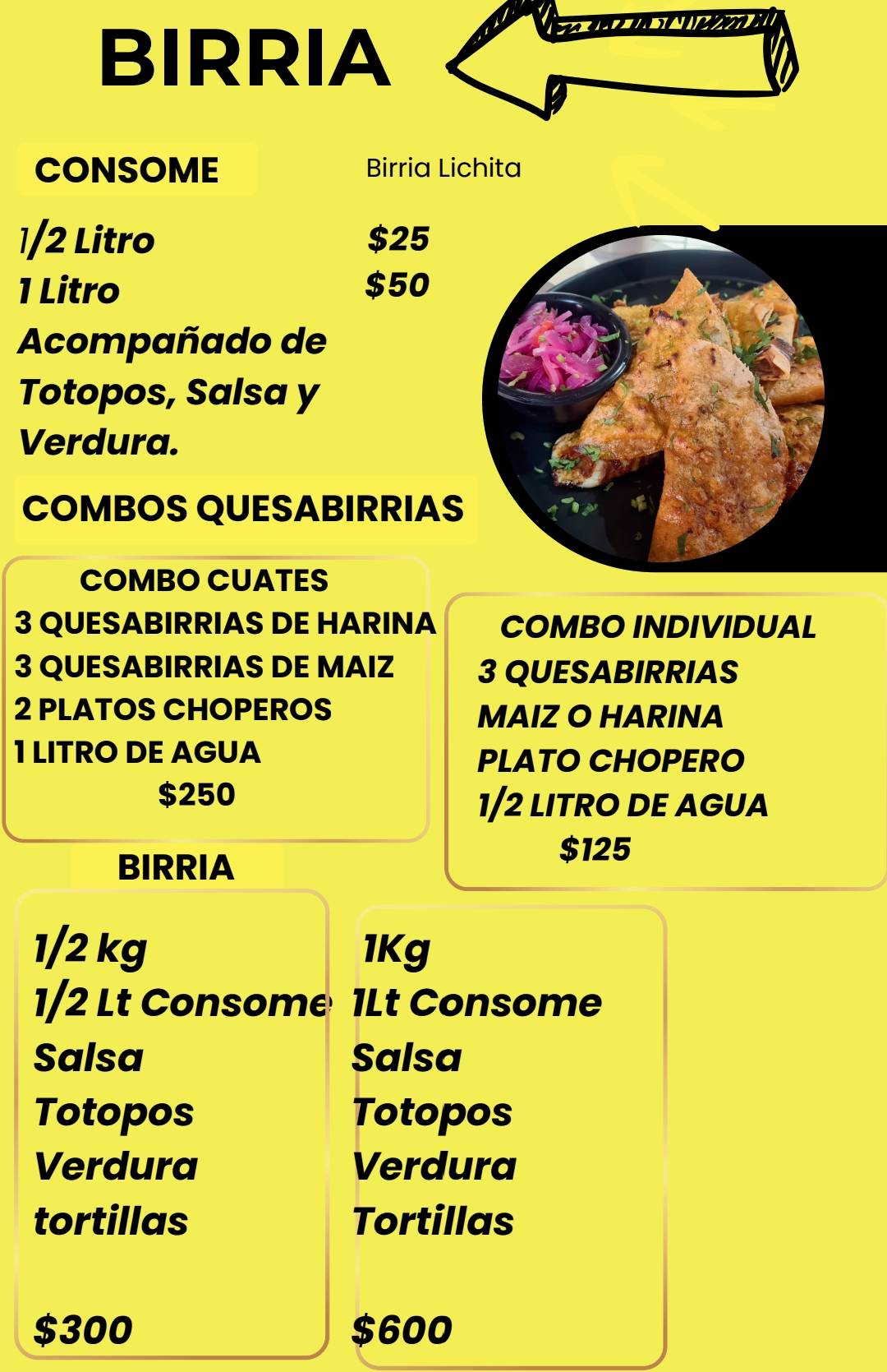 Menu at Birria Lichita restaurant, Mexico City