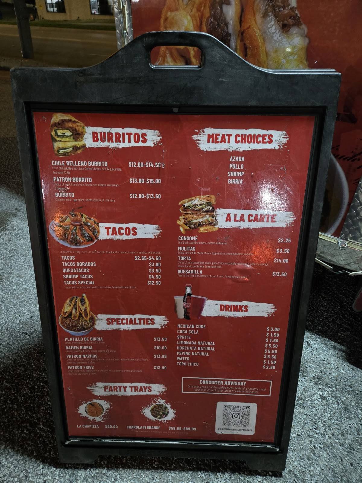 Carta del restaurante Birrieria Y Taqueria Los Patrones, Fort Worth