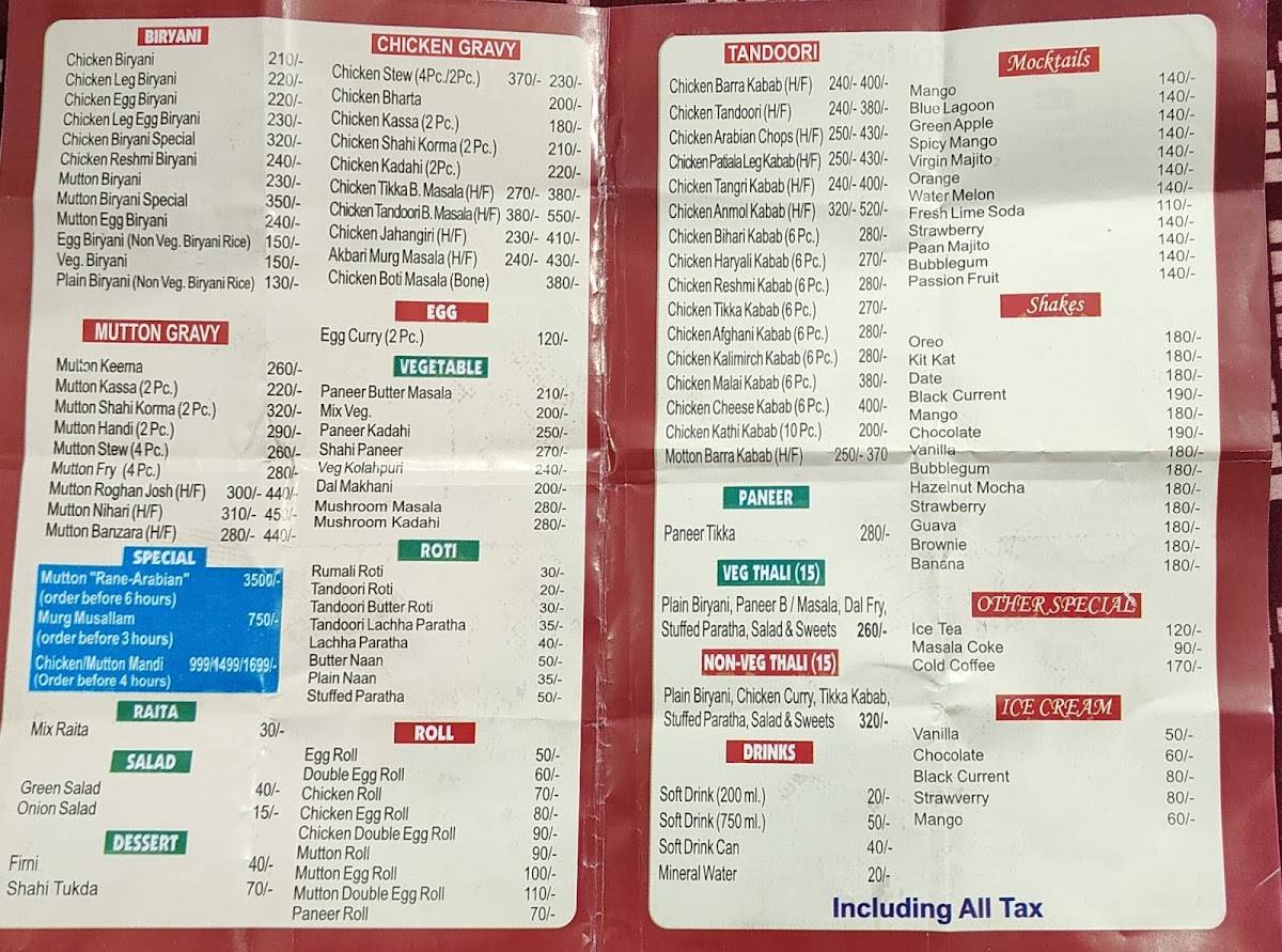 Menu at Biryani Mahal, Patna, Ashiana - Digha Rd