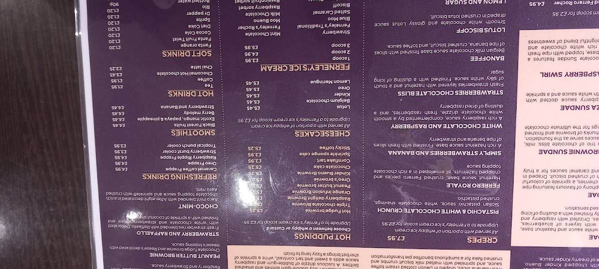 Menu at Biscottis desserts, Melton Mowbray