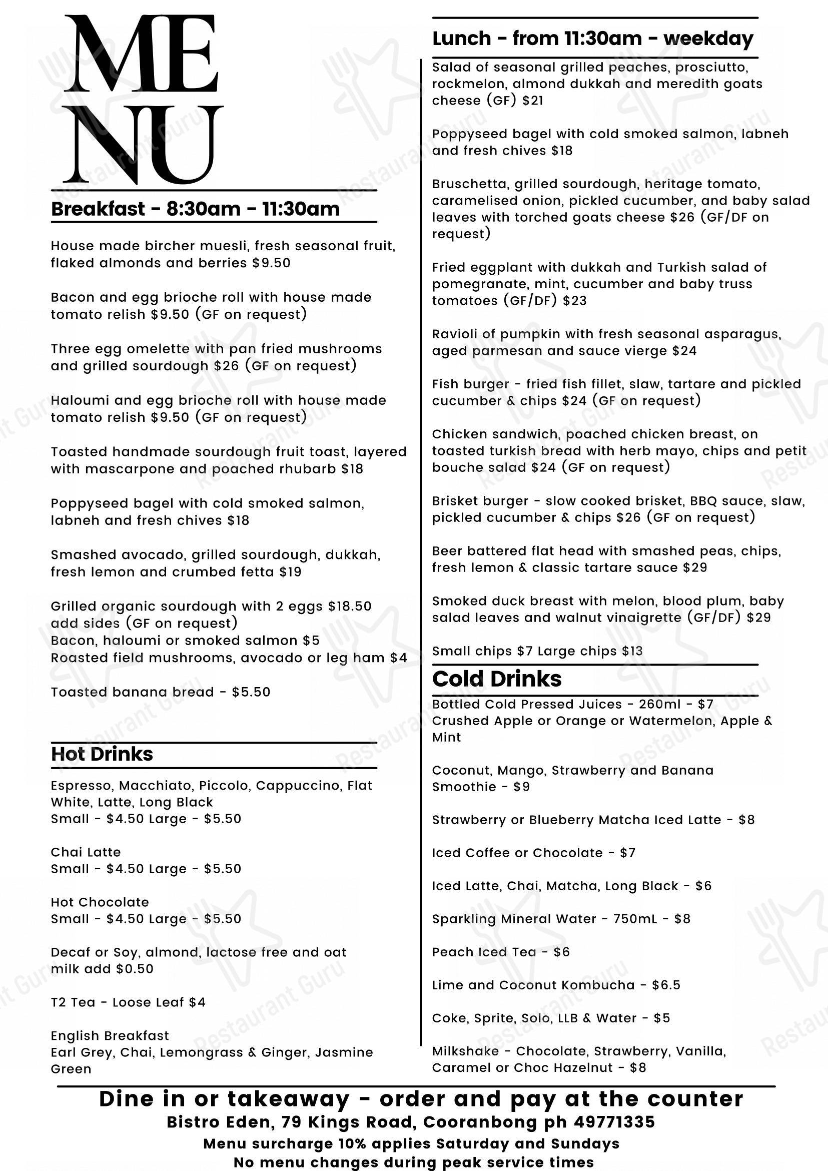 Menu at Bistro Eden restaurant, Cooranbong