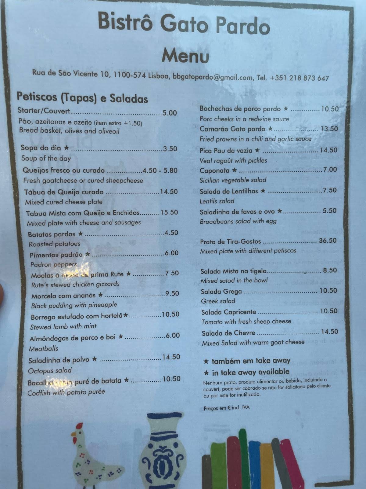 Menu at Bistrô Gato pardo restaurant, Lisbon