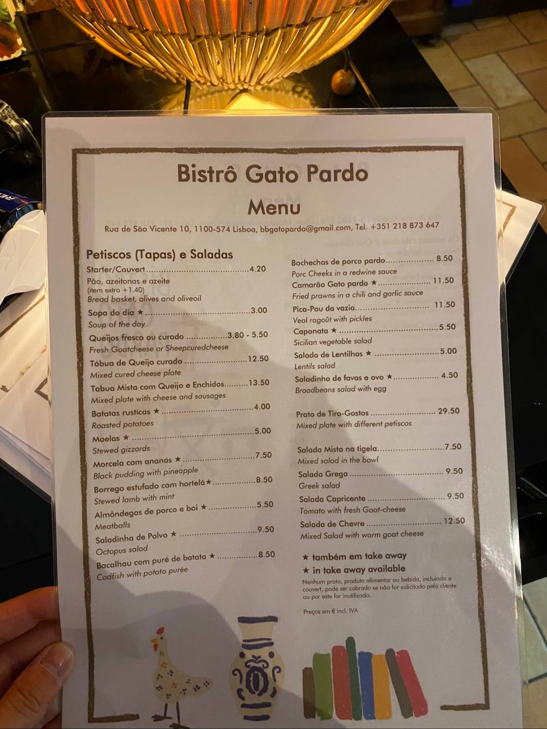 Menu at Bistrô Gato pardo restaurant, Lisbon