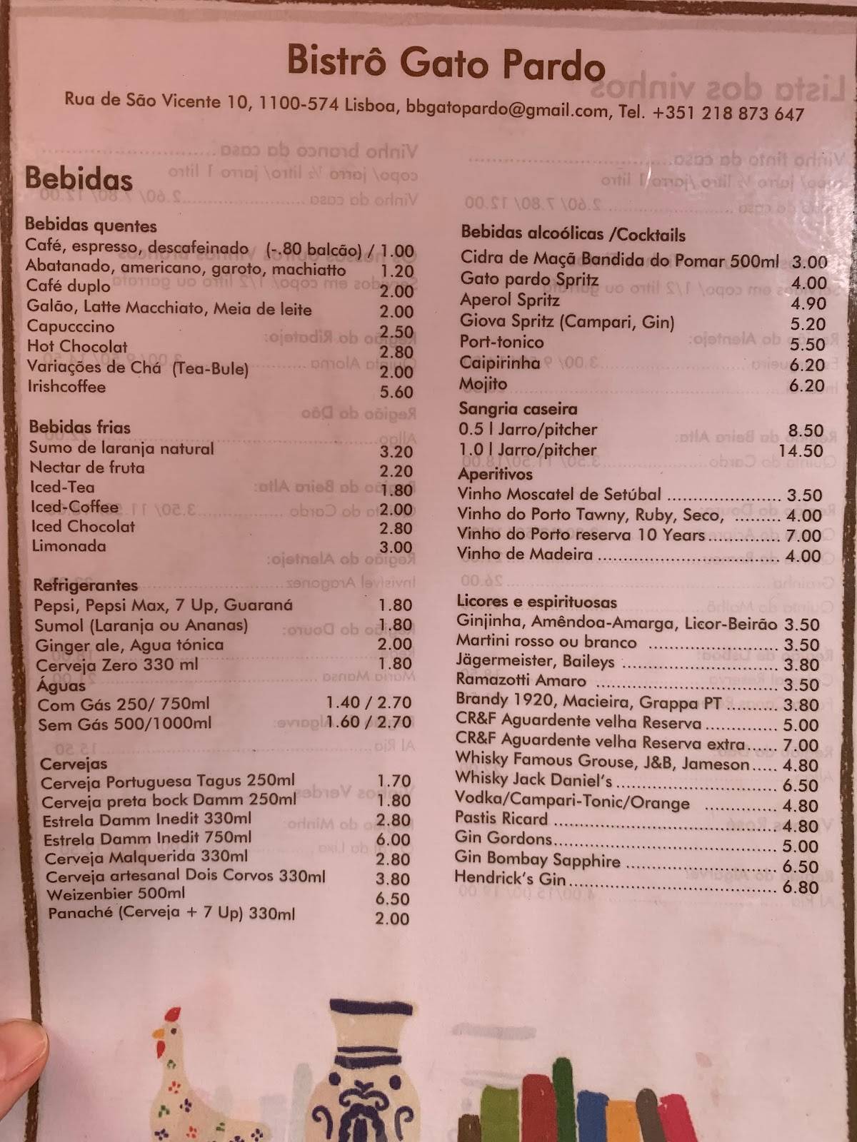 Menu at Bistrô Gato pardo restaurant, Lisbon