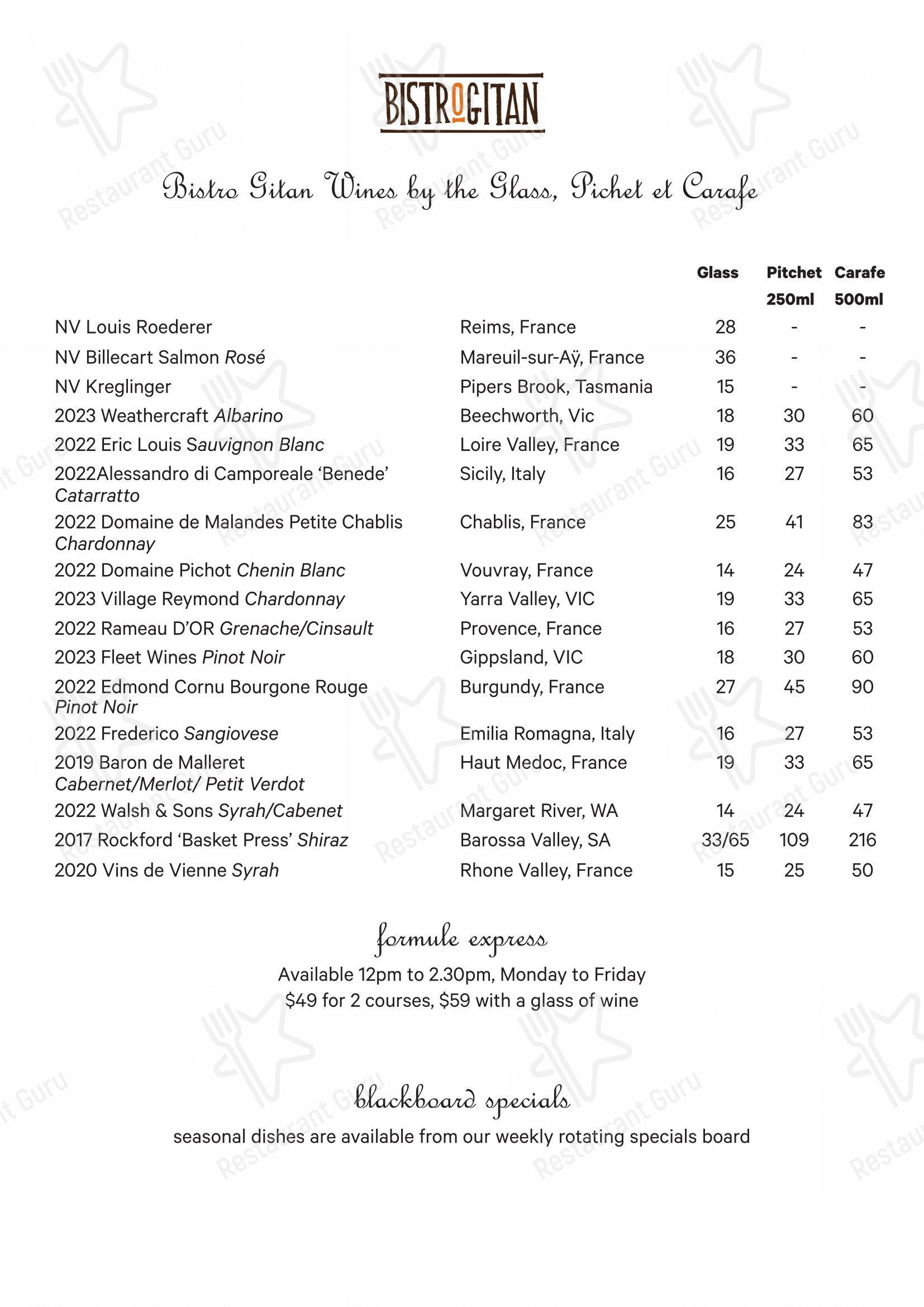 Menu at Bistro Gitan restaurant, South Yarra, 52 Toorak Rd West
